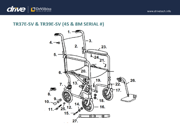 Replacement Parts For Drive Transport Chair TR37E-SV & TR39E-SV With S ...